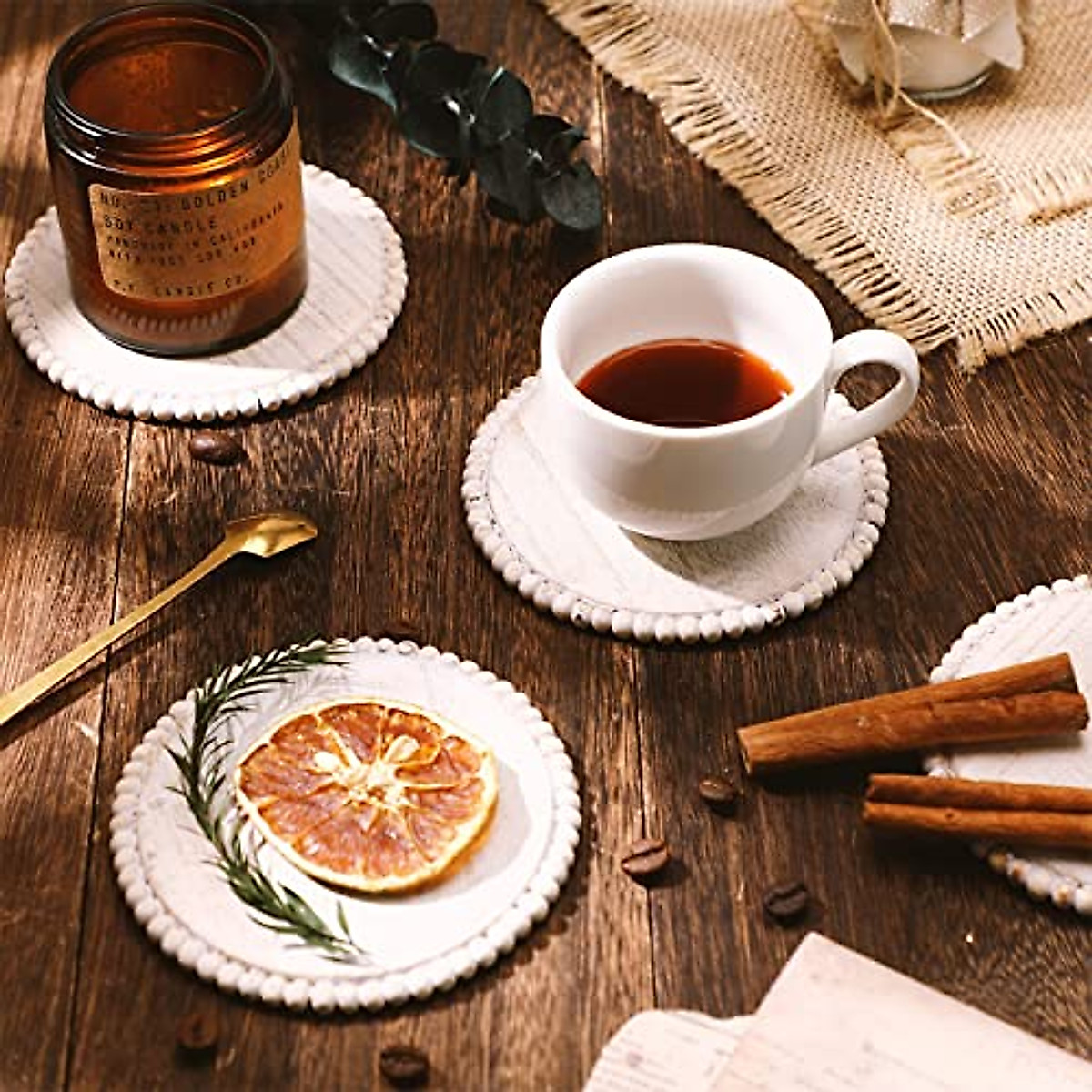 4 Pieces Wood Beaded Coasters 3.9 Inch Round Rustic Farmhouse Coasters Wooden Coasters for Drinks Decorative Table Top Coasters Wood Bar Coaster Set for Housewarming Home Kitchen (Beige)