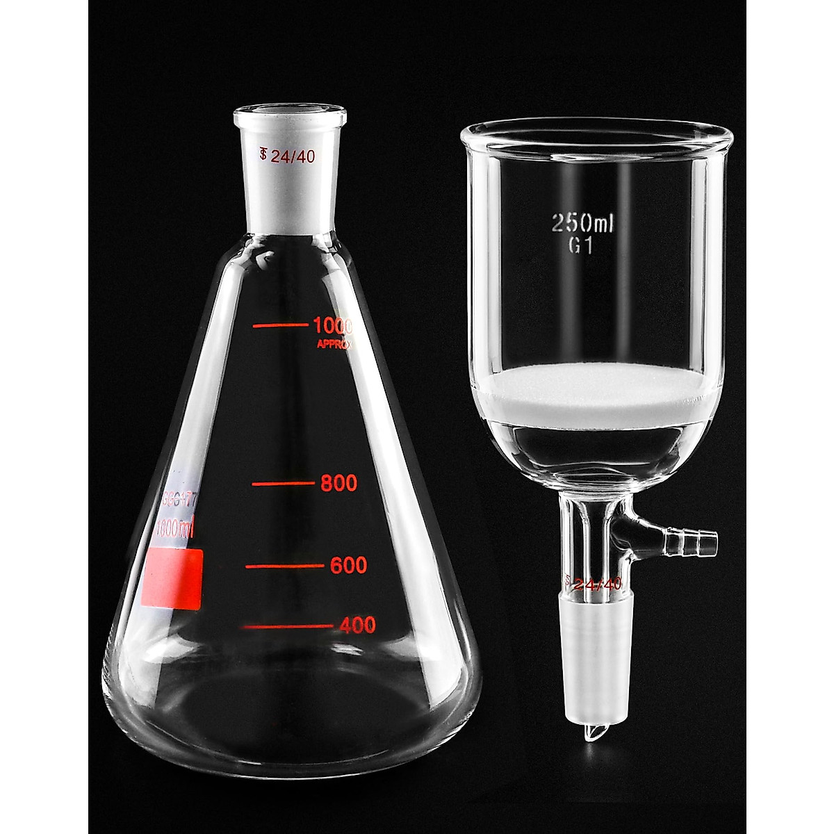 QWORK 250ml Glass Buchner Filtering Funnel and 1000 ml Erlenmeyer Flask, Thick Wall Flask with 24/40 Outer Joint