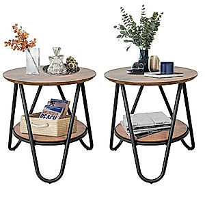 ECOMEX Outdoor Side Tables Set of 2, 2 Tier Round Metal Patio Side Table Small Outdoor Side Table with Metal Frame, Industrial Outdoor Table for Bedroom Balcony Patio,Rustic Brown 2PCS
