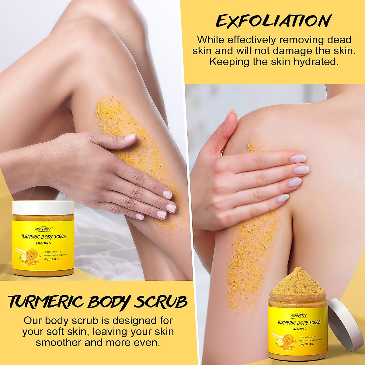 POP MODERN.C Turmeric and Vitamin C Body Scrub Remove Dead Skin Improve Dark Spots Acne Natural Organic Exfoliating Deep Cleansing Exfoliator for Body Butt Bikini Area Body Care with Loofah