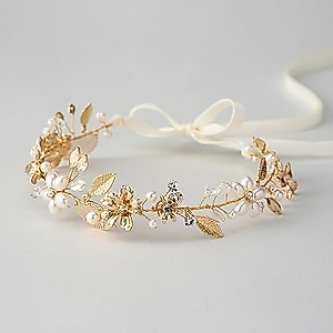 SWEETV Flower Girl Headpiece Pearl Gold Wedding Hair Accessories for Girls Flowers Headband Tiara for Birthday,party