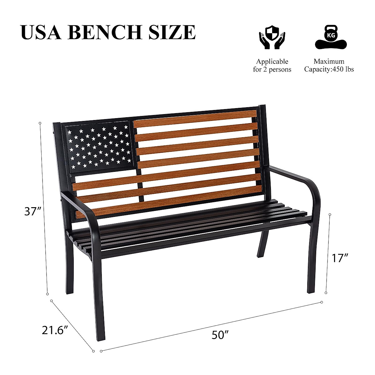Attliahome 50" Outdoor Garden Bench, Cast Iron Metal Frame Patio and Porch Welcome Benches with American Flag Backrest and Weatherproof Seat, Park Decorative Memorial Bench (Black & Woodgrain Colors)