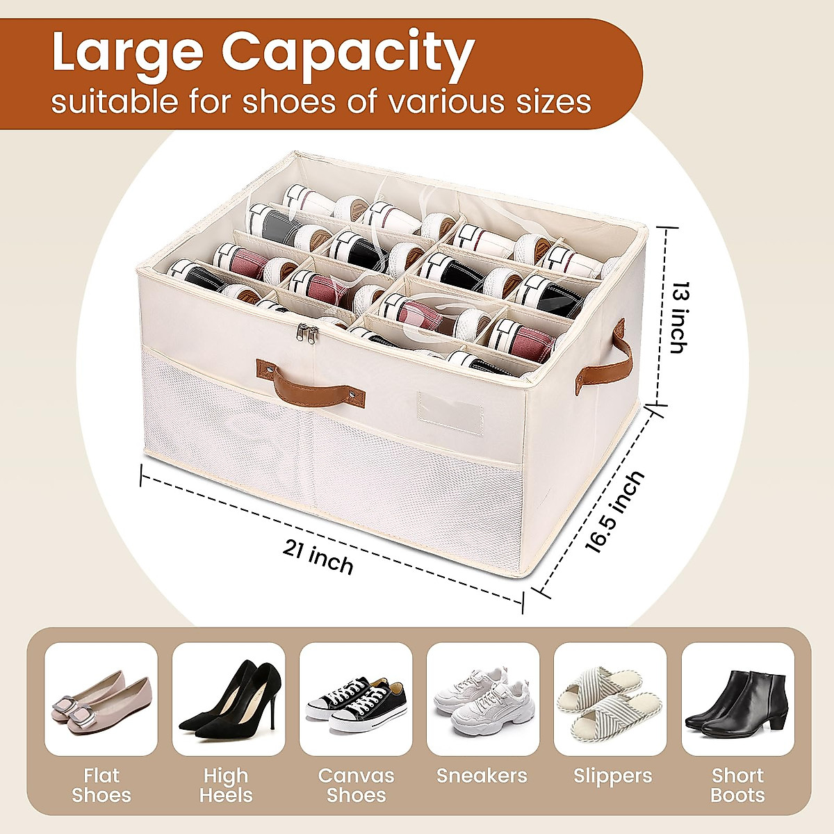 ateboane Shoe Storage Organizer for Closet,Foldable Shoe Storage Bins with Clear Cover,Large Adjustable Shoe Box Storage Containers,Fits 8-16 Pairs,Space-Saving Shoe Cube Organizer, Beige
