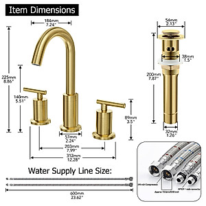 Phiestina Brushed Gold Bathroom Sink Faucet, Widespread 8 Inch 3 Hole Rotatable 360 Degree Modern Bathroom Faucet, with Pop Up Drain and Water Supply Line, WF03-1-BG