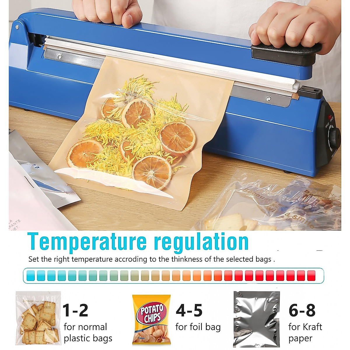 Impulse Sealer 16 inch Manual Heat Sealer Machine with Adjustable Heating Mode, ABS Shrink Wrap Bag Sealers for Plastic PE PP Bags, Portable Poly Bag Sealing Machine with Extra Replace Kit (blue)