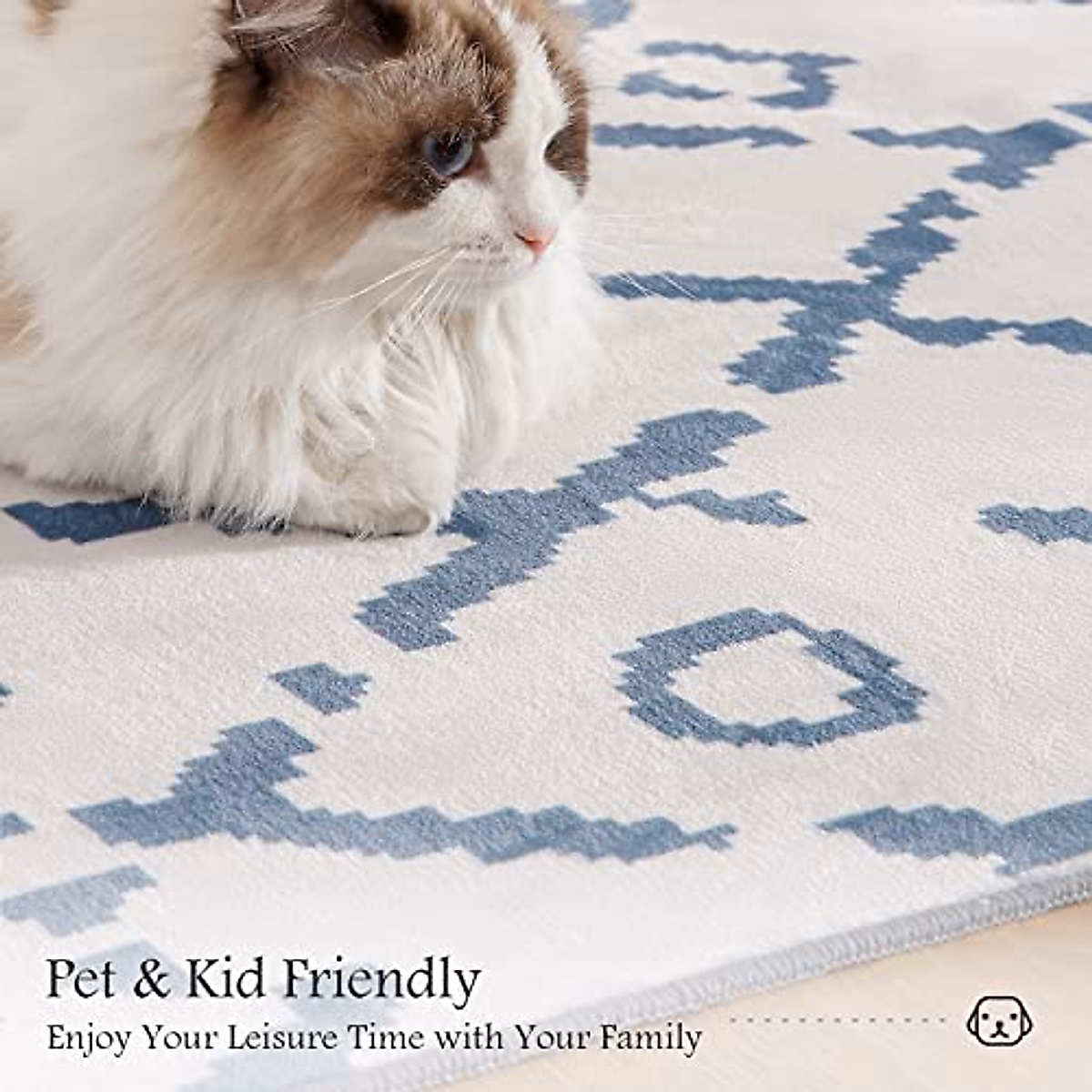 Washable Boho Blue Area Rug - 5x7 Feet Modern Carpet with Non-Slip Backing Neutral Room Decor for Living Room Bedroom Playroom Entryway Entrance Indoor