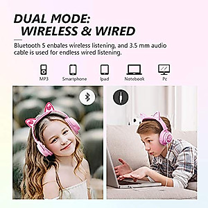 Mindkoo Cat Ear Bluetooth Headphones Pink, LED Light Up Over Ear Wireless Headphones with Microphone, Comfort Foldable Headset for Kids & Adults