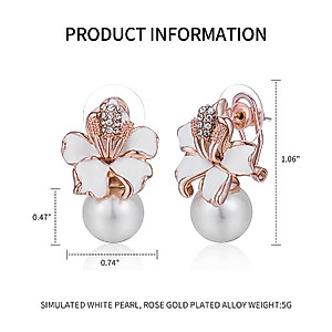 Kemstone Pearl and Flower Stud Earrings Rose Gold Pearl Earrings for Women