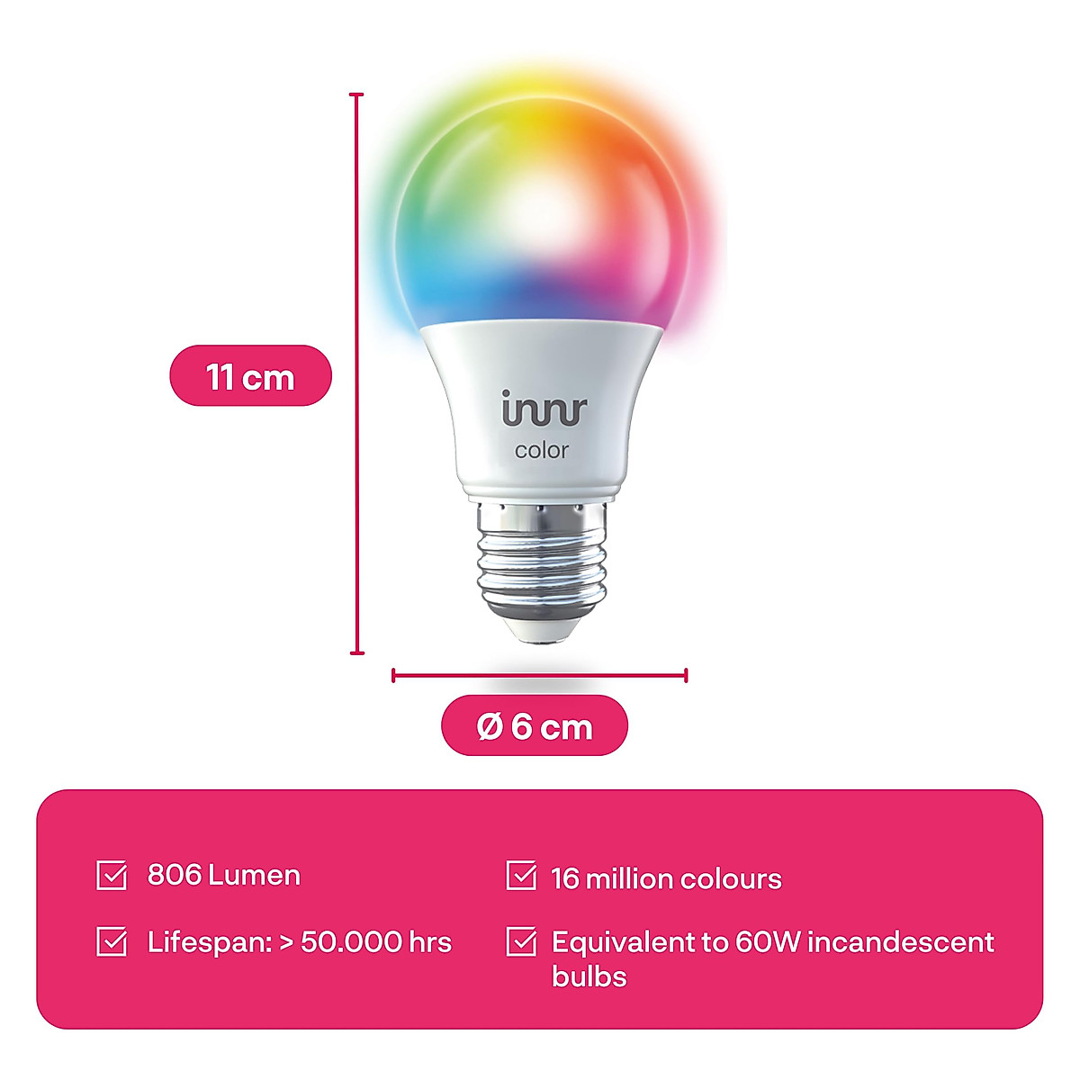 innr Color Smart Bulb A19, Works with Philips Hue, Alexa, Hey Google, SmartThings (Hub Required), Zigbee, Lights, Dimmable RGBW LED Light Bulbs A19 with E26 Base, 60W Equivalent, 2-Pack, AE 280 C-2
