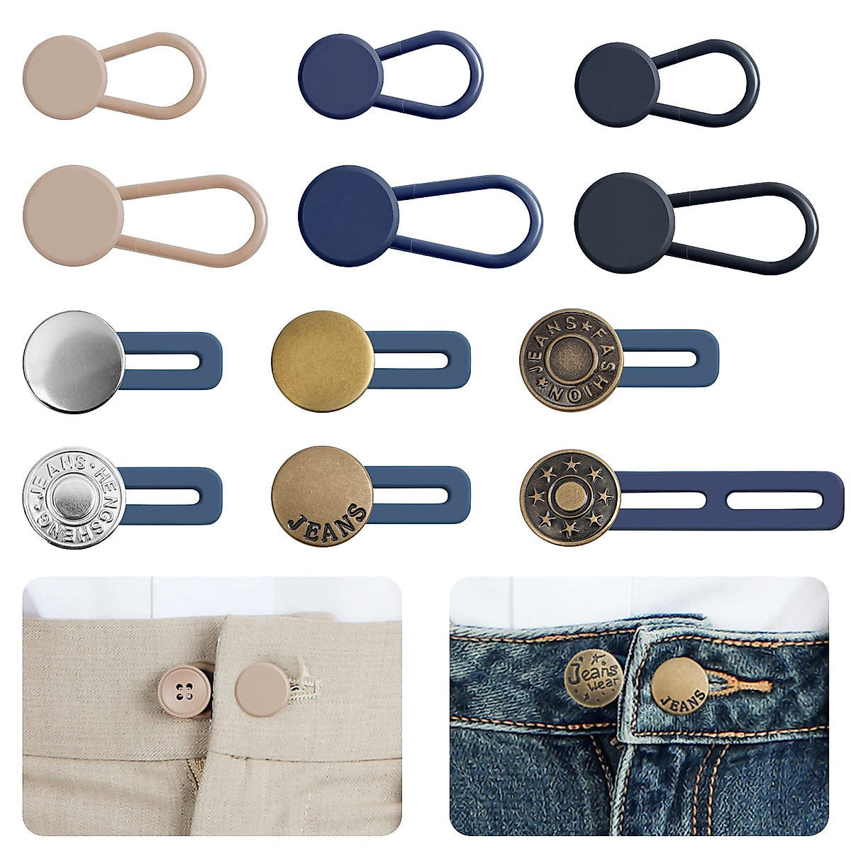 12PCS Pants Button Extender, Waist Button Extenders for Jeans, Waist Extenders for Pants for Women Men, No Sewing Instant Waistband Extension 1-1.8 Inches