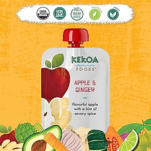 Kekoa Foods Apple & Ginger Baby Food Purée | 100% USDA Certified-Organic, No Sugar Added | Organic, Non-GMO, Gluten-Free, Vegan | Mild Ginger for Flavor Development | 3.5 oz Squeeze Pouch