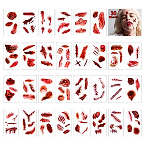 Scar Tattoos Temporary Halloween Makeup Tattoos Body Face Scar Realistic Temporary Zombie Tattoos Fake Bloody Wound for Halloween Cosplay Party Masquerade Costume Makeup Props (30 Sheets)
