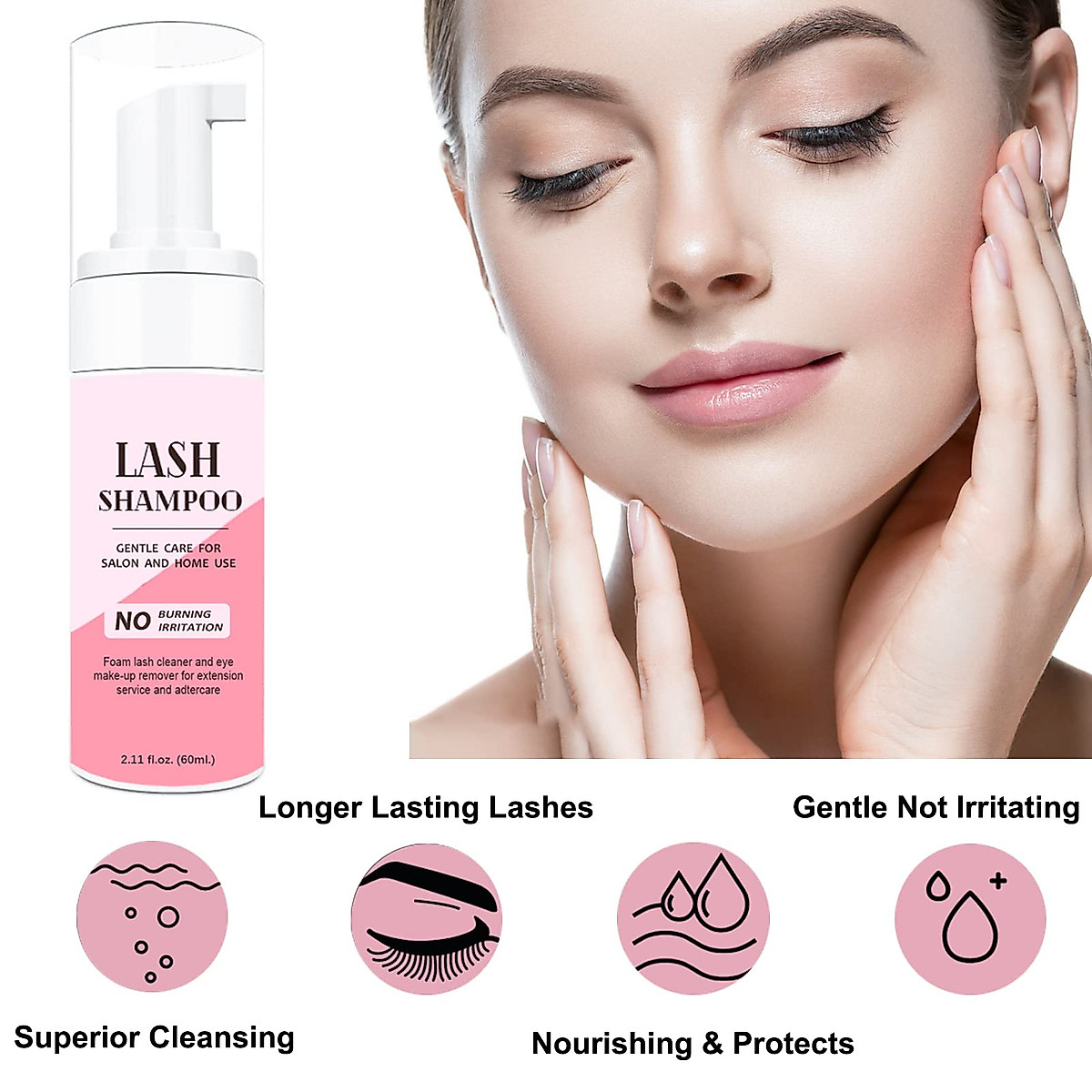 Eyelash Extension Cleanser Eyelash Fan, AREMOD 50ml Lash Shampoo for Lash Extensions 50pcs Eyelash Brush Cleaning Brush Makeup Remover Pad and Rinse Bottle for Lash Cleaning for Salon Home Use(pink)