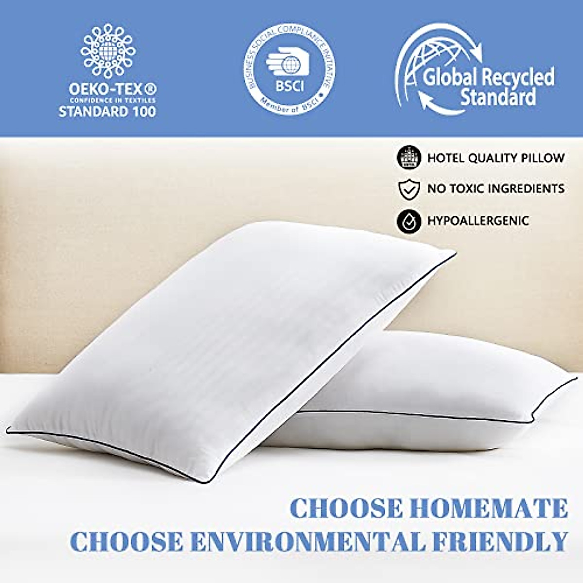 Homemate Bed Pillows for Sleeping - Queen Size(20"x28") Set of 2 Hotel Quality Pillows Allergy Friendly Microfiber Shell Fluffy Down Alternative Filling Pillow Suitable Back Stomach or Side Sleepers