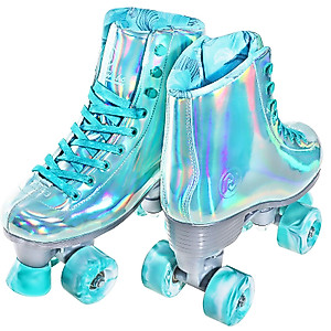 JajaHoho Roller Skates for Women, Shiny Holographic High Top Rollerskates, Double-Row Four Mixture Gradient Wheels Quad Skates for Girls Age 8-50 Indoor Outdoor (Size 3, Mint Green)