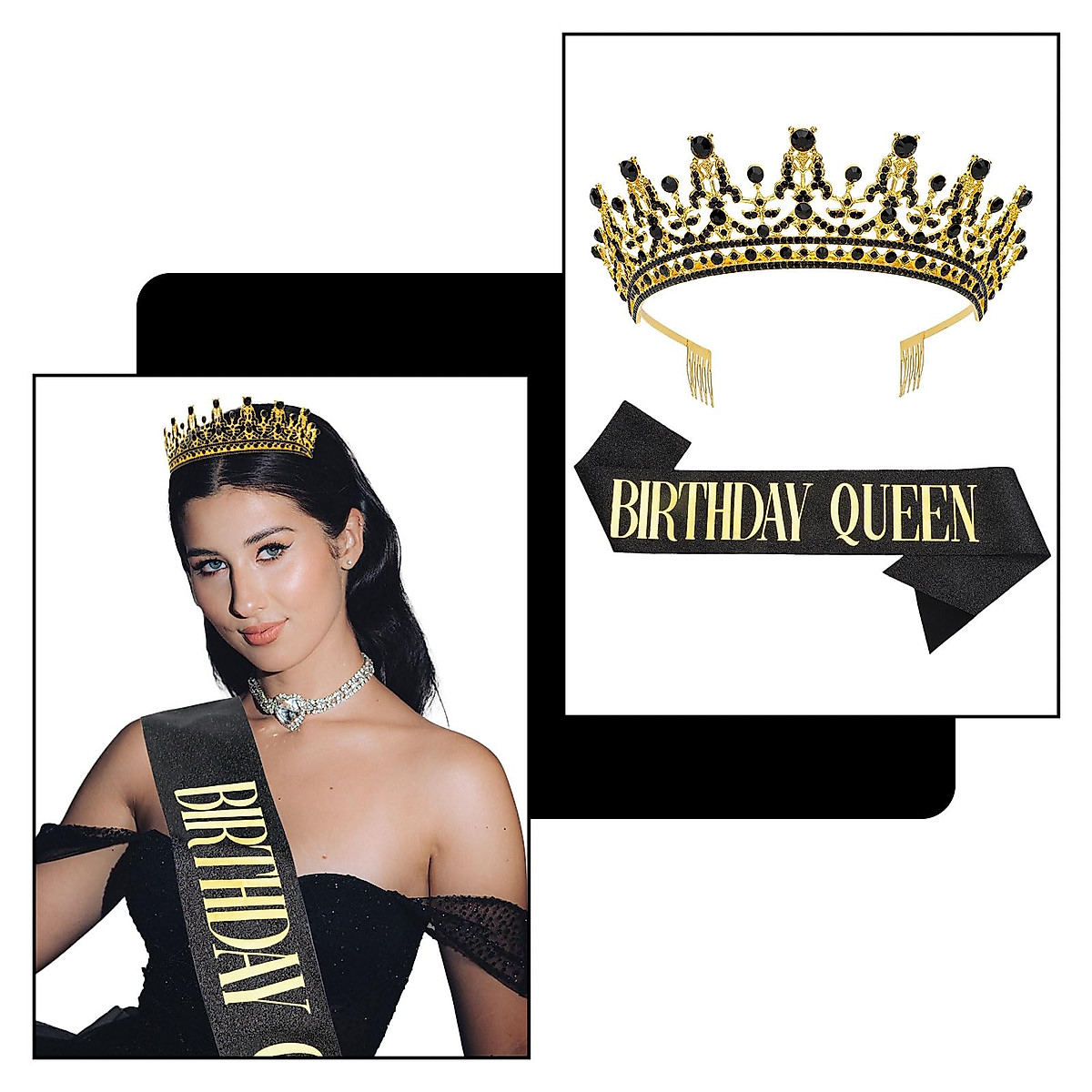 GAFATORY Black Gold Birthday Queen Crown and Sash for Women Princess Tiara and Sash for Girls