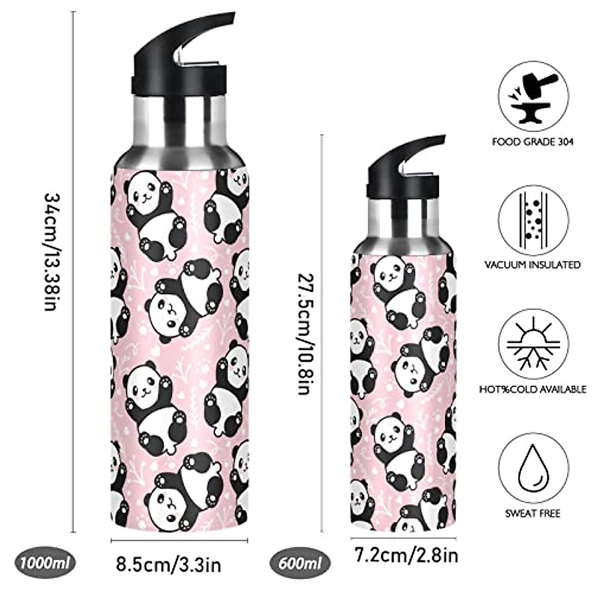 ALAZA Pink Pandas Water Bottle with Straw Lid Vacuum Insulated Stainless Steel Thermo Flask Water Bottle 20oz