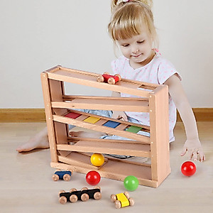 Qilay Wooden Race Track Car Ramp Racer Toy for Toddlers, 5 Level Race Car Ramp Toy Set includes 4 Wood Cars and 3 Balls,Great Building Learning Toys or 3+ Years Old Boy and Girl