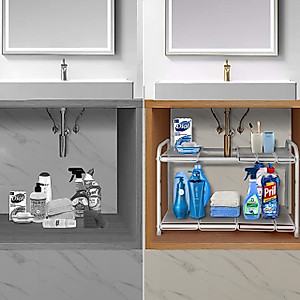 Simple Trending 2-Tier Under Sink Expandable Cabinet Shelf Organizer Rack with 8 Removable Panels for Kitchen Bathroom Storage, White