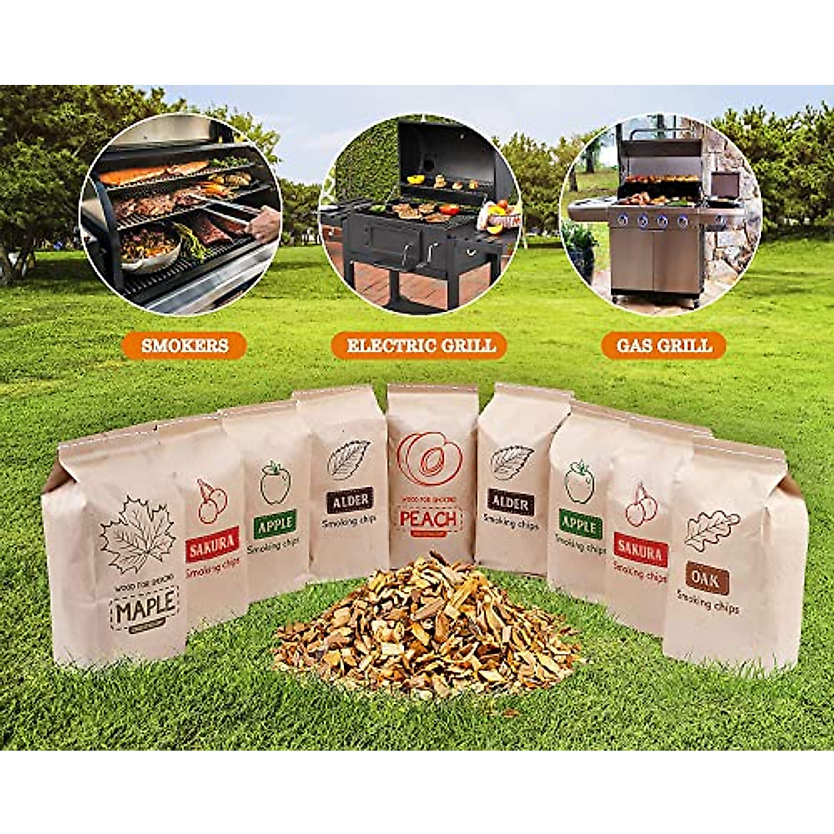 Zorestar Wood Smoking Chips for Smoker 9 pcs Variety Pack of Oak | Alder | Cherry | Apple Chips for Smoking and Grilling Plus Bonus e-Book