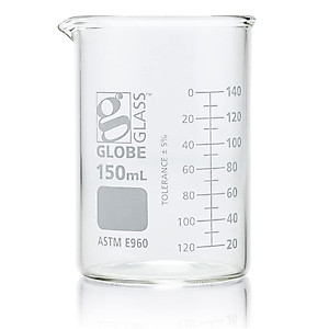 Globe Scientific Beaker, Globe Glass, 150mL, Low Form Griffin Style, Dual Graduations, 3.3 Borosilicate Glass, ASTM E960, 12/Box (8010150)