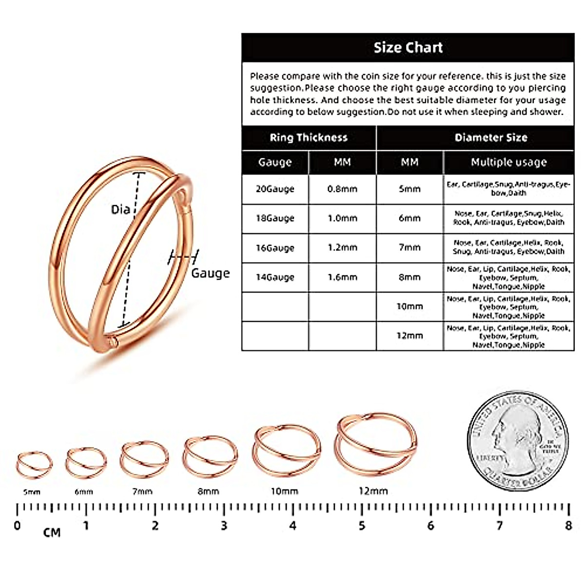 WBRWP Nose Ring Lip Rings Septum-Clicker: Double Black Nose Ring Hoops 16G 8mm 316L Surgical Steel Sleeper Earring Helix Rook Conch Cartilage Daith Tragus Earrings Nose Piercing Jewelry