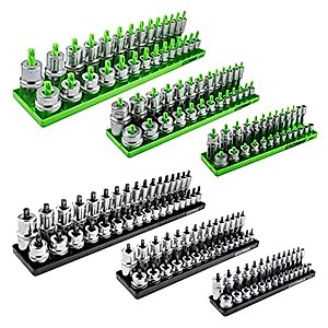 OEMTOOLS 22233 6 Piece SAE and Metric Socket Tray Set, SAE and Metric Socket Storage for Sizes 1/4", 3/8”, and 1/2" Drive, Socket Holders and Socket Organizer Tray for Toolbox, Green and Black