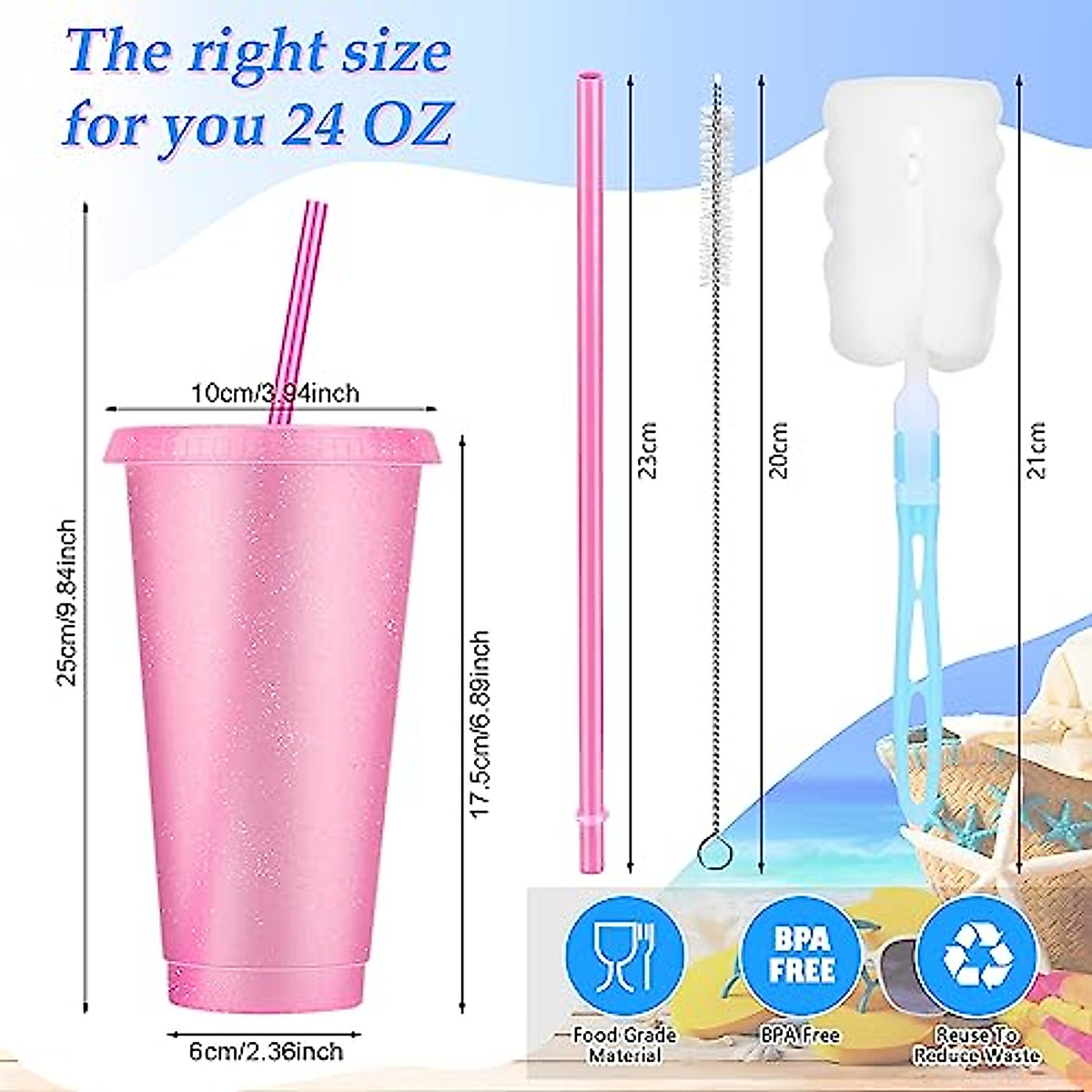 Reusable Cups with Lids and Straws,Glitter Disposable Cups,Tumblers Plastic Iced Coffee Travel Mug Cup for Party Juice Parties Flamingo,Birthday Christmas Party,for Kids Friends Gifts,24 Oz,10 Color