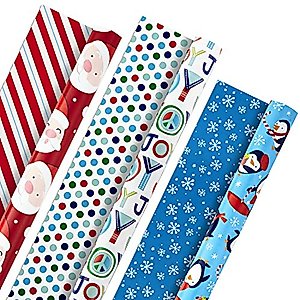Hallmark Christmas Reversible Wrapping Paper, Kids (Pack of 3, 120 sq. ft. ttl) Santa, Joy, Penguins, Snowflakes, Polka Dots, Stripes