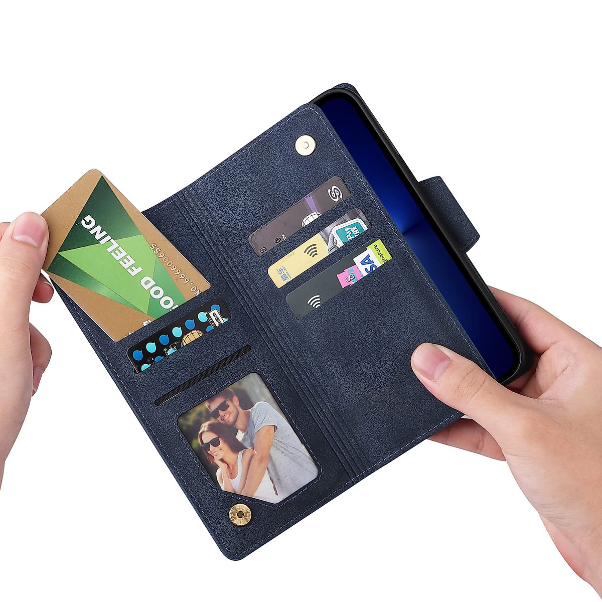 QDSKY iPhone 13 Pro Max Cases, iPhone 13 Pro Max Wallet Case for Women with 9 Card Holders & Kickstand & Strap PU Leather Flip Case for iPhone 13 Pro Max 6.7, Blue