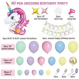 Unicorn Balloons Arch Garland Kit, 146Pcs Rainbow 40" Unicorn Balloon Pastel Pink Purple Blue Confetti Balloons Happy Birthday Banner for Ice Cream Baby Shower Unicorn Birthday Party Decorations