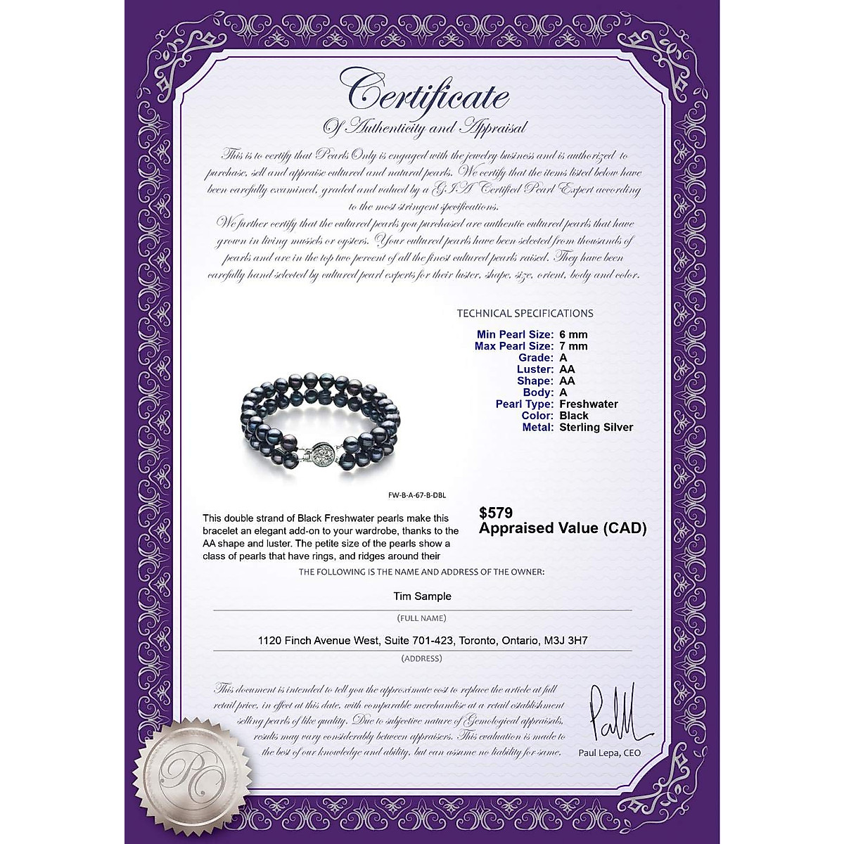 Lavinia Black 6-7mm Double Strand A Quality Freshwater 925 Sterling Silver Cultured Pearl Bracelet-8 in length