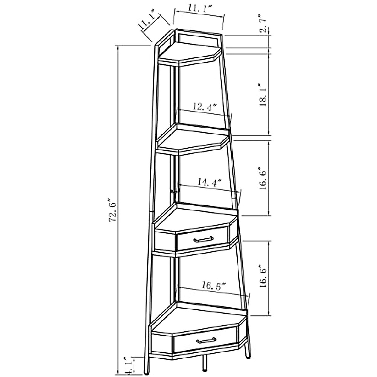 Scoomor Corner Shelf 4 Tier with Drawers, Modern Corner Bookshelf, Free Standing Storage Rack, Plant Stand for Living Room, Home Office, Kitchen, Small Spaces, 72.64’’ Tall (Gold)