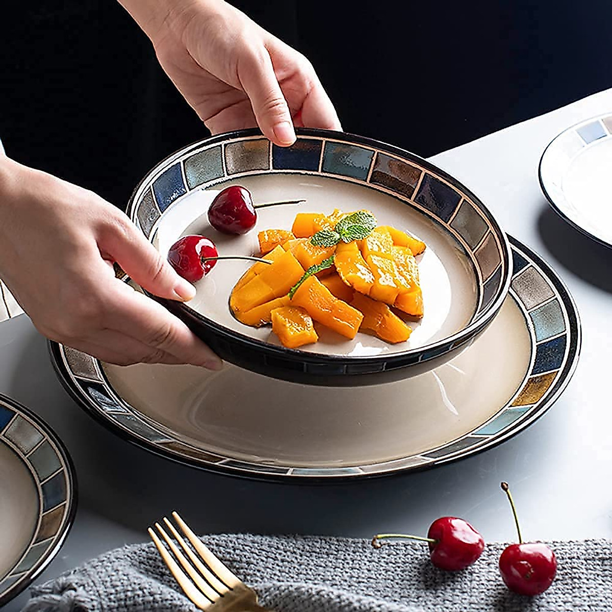 Porcelain Dinnerware SetKitchen Tableware Set,Ceramics Dinnerware Sets, Plates and Bowls Sets | 26 Pcs Blue Kiln Change Glaze Dishes Set - Colorful Plates for Family Outdoor Party