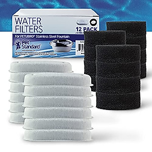 PET STANDARD Replacement Water Filter & 12 Pack Replacement Pre-Filter Sponges Compatible with PETLIBRO® Stainless Steel Pet Water Fountain Model #PLWF003, 67oz/2L, Cat Water Fountain Pack of 12