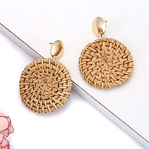 Rattan Earrings Handmade Straw Wicker Braid Woven Drop Earrings Boho Round Disc Earrings Lightweight Statement Stud Earrings For Women (metal disc)