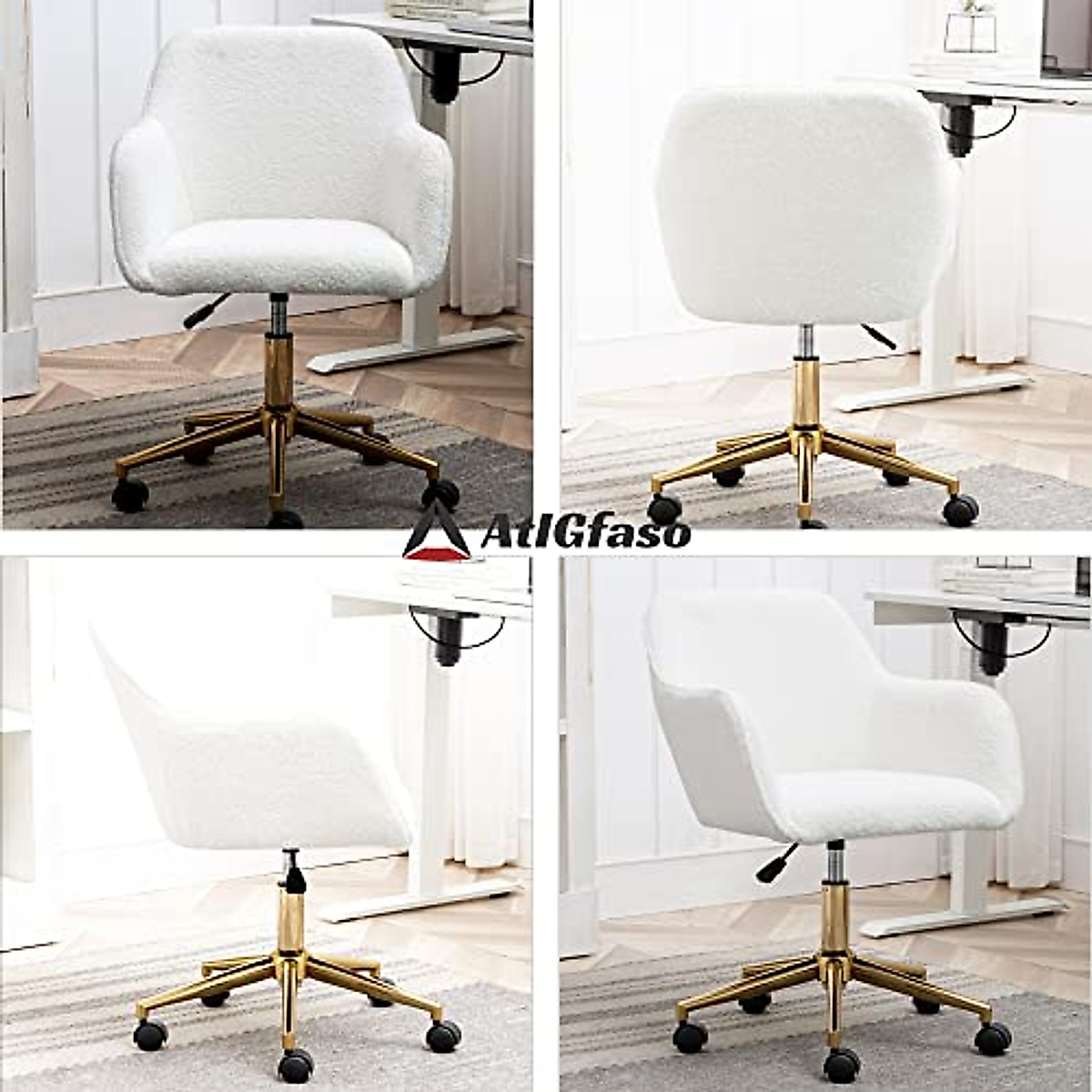 AtIGfaso with Wheels Ultra-Soft Plush Swivel Chair with Adjustable Height and 360-Degree Rotation,Combing Chair Ideal for Home Office or Bedroom, Ergonomic Design, Gold Base, Cream White Color