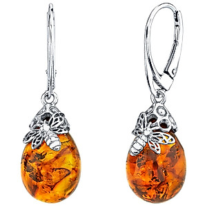Peora Genuine Baltic Amber Bumble Bee Earrings for Women 925 Sterling Silver, Teardrop Shape, Rich Cognac Color, Lever backs