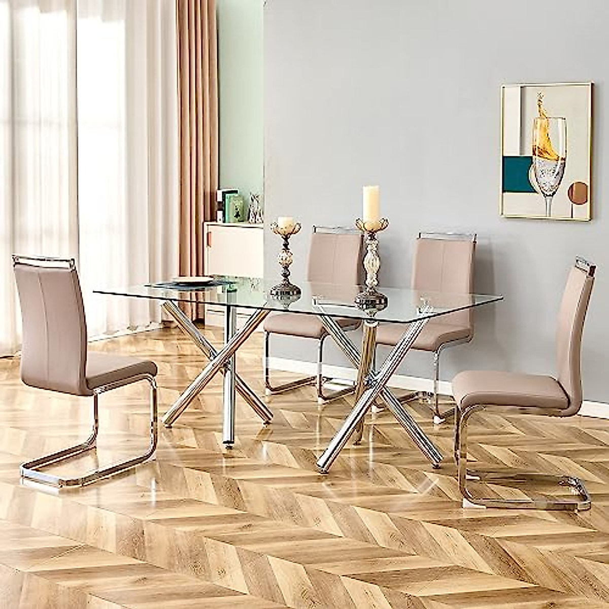 Baysitone Modern Dining Chairs Set of 4, Side & Kitchen Chairs with Silver Frame, Faux Leather Padded Seat High Back, for Dining, Kitchen & Living Room, Champagne