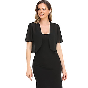 Women Black Bolero Shrug Soft Chiffon Open Front Sheer Short Sleeve Cropped Cardigans for Evening Dress(Black,L)