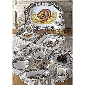 Spode Woodland Square Chip and Dip Serving Set with Turkey Motif | 12" Large Serving Platter for Thanksgiving | Ideal for Snacks, Veggies, and Appetizers