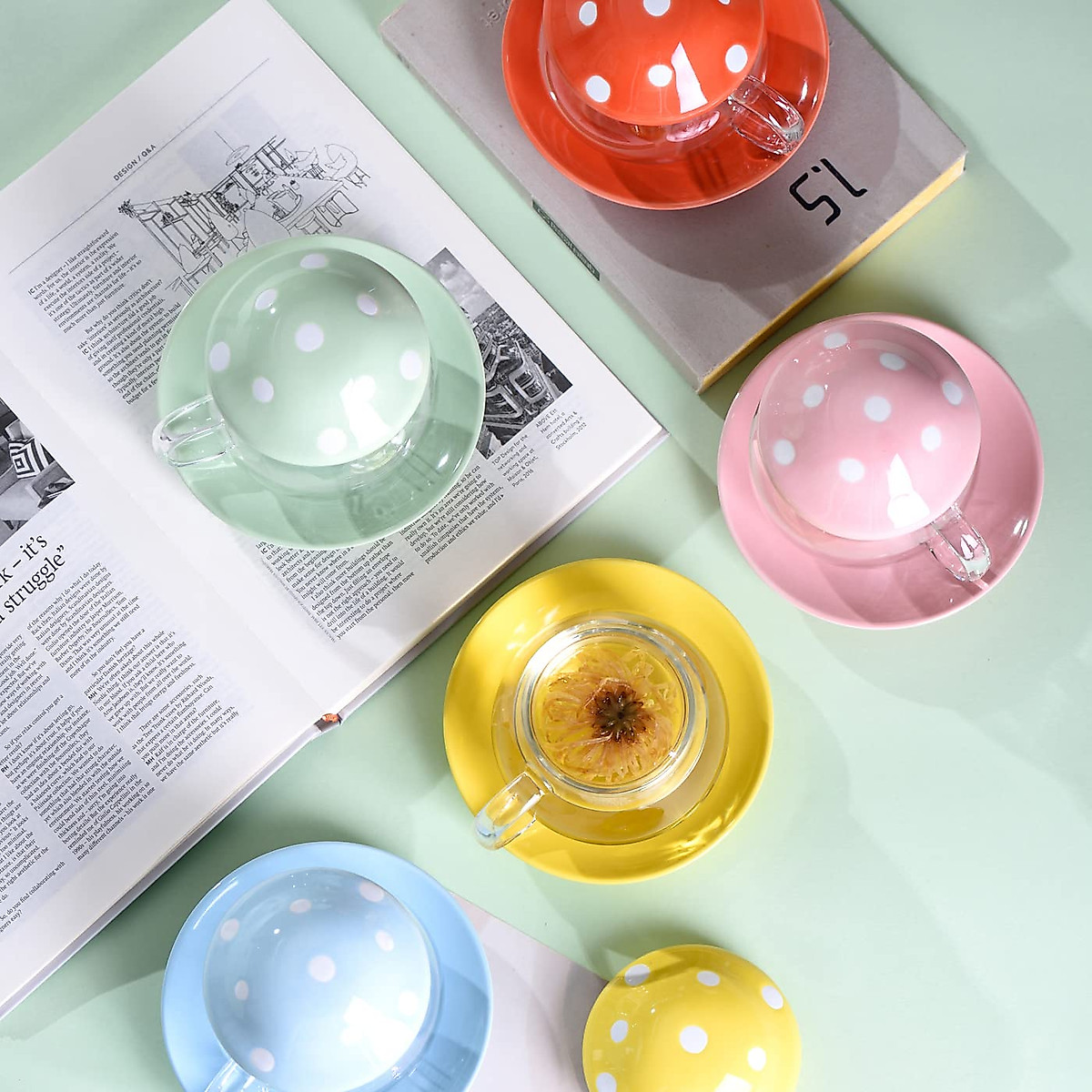 Hyltd Mushroom Tea Cup Mushroom Mug Cute Glass Tea Cups Mushroom Cup Mushroom Tea Mug with Filter Lid Coaster 9.6 Ounces (Green)