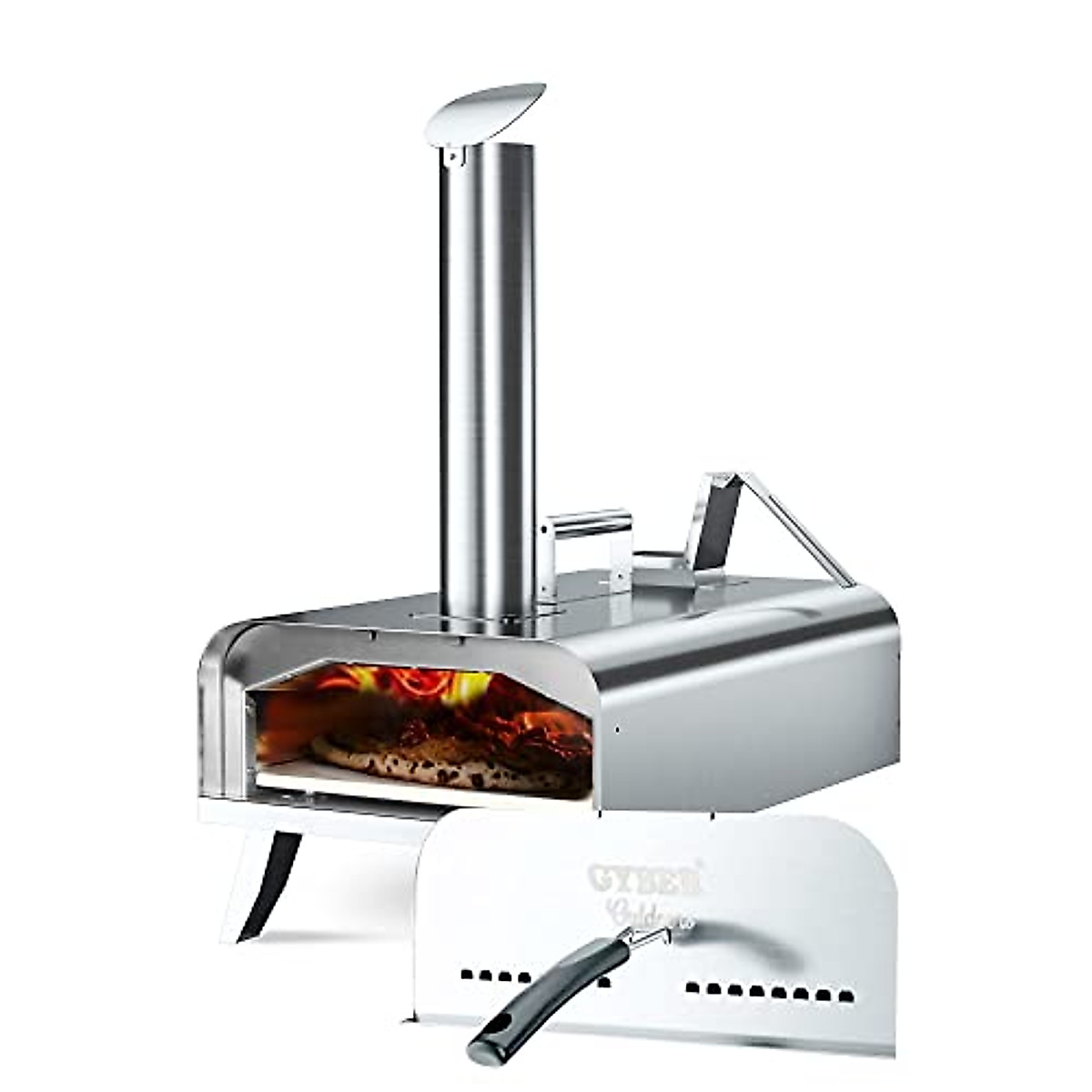 GYBER Henson Outdoor Pizza Oven Portable 12" Stainless Steel Backyard Grill Wood Pellet and Charcoal Fired Pizza Maker for Outdoor Garden or Camping Cooking with Pizza Stone, Foldable Legs