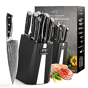 NANFANG BROTHERS Knife Set, 9 Pieces Damascus Kitchen Knife Set with Block, ABS Ergonomic Handle for Chef Knife Set, Knife Sharpener and Kitchen Shears, Knife Block Set