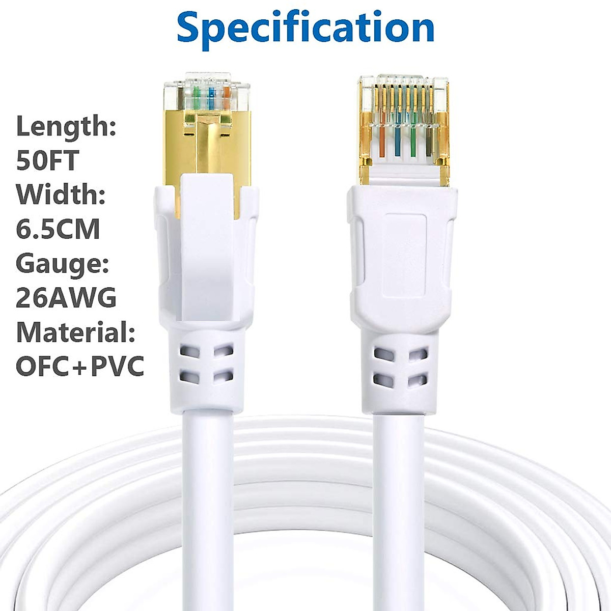 QIFGUO Cat 8 Ethernet Cable 50 ft Internet Network LAN Cable High Speed 2000Mhz 40Gbps RJ45 Cables for Gaming, Xbox, PS4, Modem, Router - Compatible for Cat7/Cat6e/Cat5e Network - White