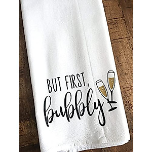 Handmade Funny Kitchen Towel - 100% Cotton Funny Hand Bar Towels for Champagne Celebrations - 28x28 Inch Perfect for Hostess Housewarming Christmas Mother’s Day Birthday Gift (But First Bubbly)