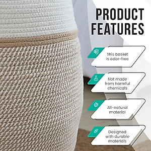 Organizix XXXL Extra Large Woven Cotton Rope Tall 25" Height Laundry Hamper Basket with Handles, Storage Basket for Toys, Blanket, and Towels - 20 x 25, White/Brown