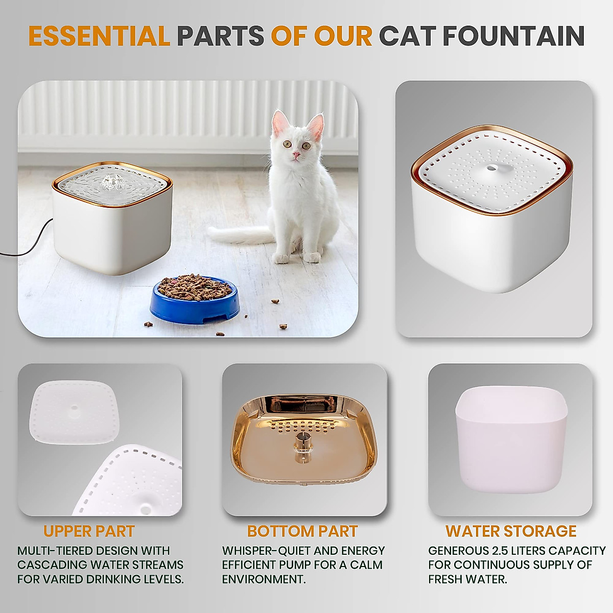 BESTIA Jack Cat Water Fountain - 67oz/2.5L Noise-Free, LED Light, Carbon Absorption Filter, Pet Water Fountain for Cats & Small Dogs (White, Polypropylene)