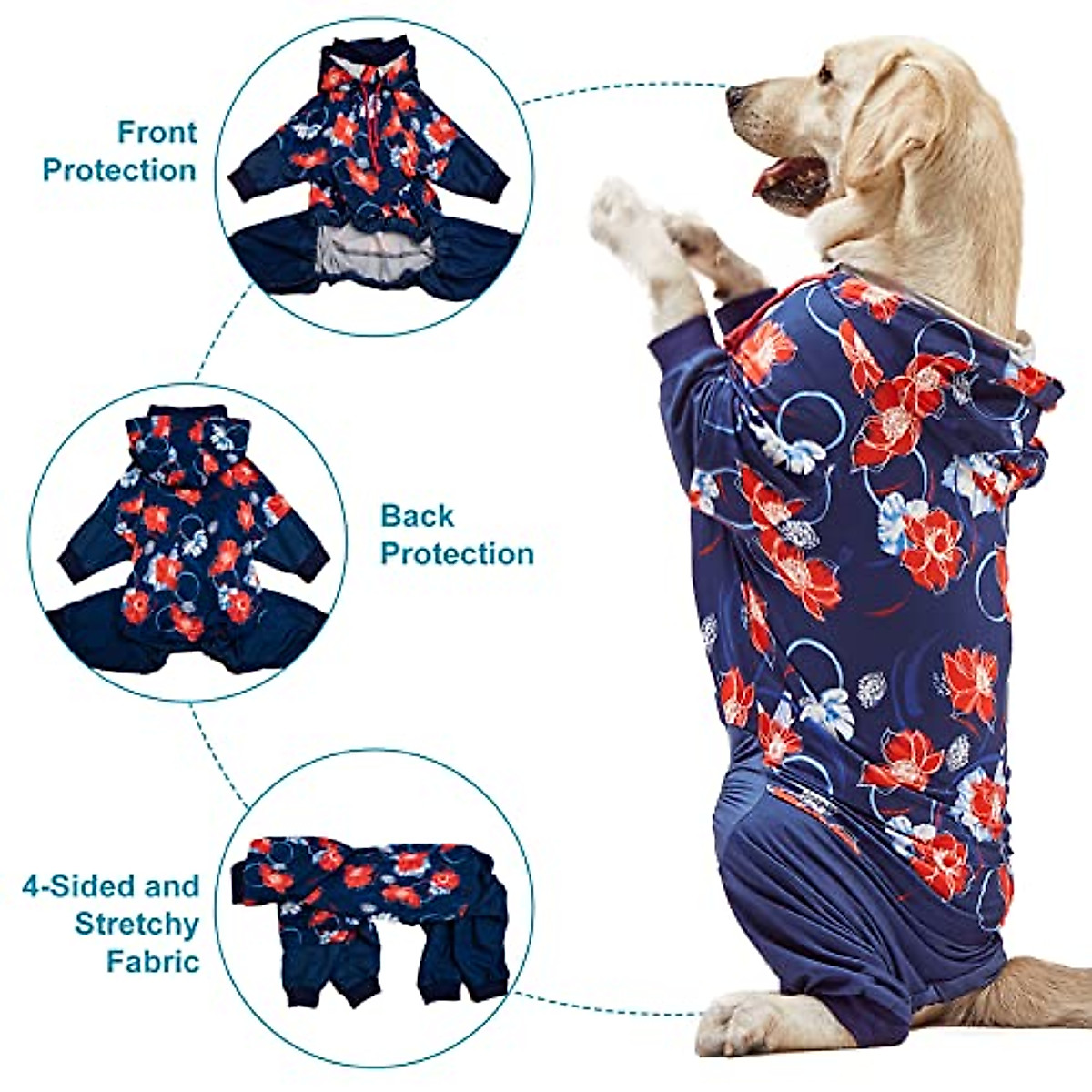 LovinPet Big Dogs Breeds Jammies, Wound Care/Post Surgery clothes, Pet Anxiety Relief for Dogs, Lightweight stretchy, Large Breed Dog Pajamas, Reflective Stripe, Floral Navy & Red Print, Pet Pj's /2XL
