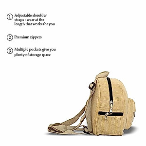 ECOBAWA Hemp Mini Backpack for women Adjustable shoulder strap Mini Bag Washable Lightweight Casual Daypack (Beige)
